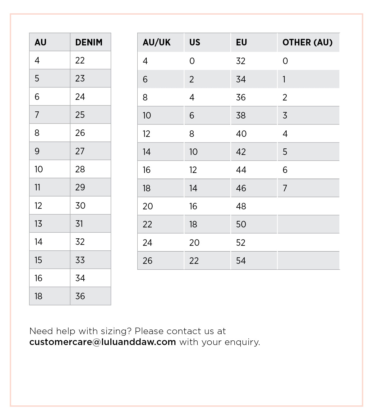 size guide – Lulu & Daw